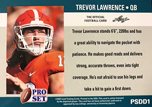 Trevor Lawrence 2021 Pro Set DRAFT DAY Short Printed Mint Rookie Year Card #PSDD1 picturing this Jacksonville Jaguars #1 Overall Pick in his Orange Clemson Jersey