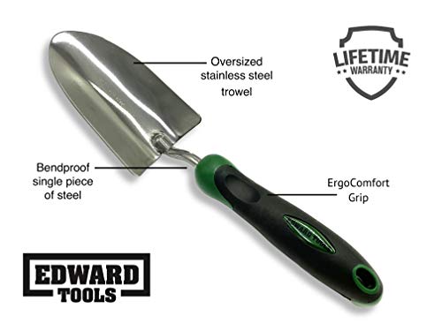 Edward Tools Bend-Proof Garden Trowel - Heavy Duty Polished Stainless Steel - Rust Resistant Oversized Garden Hand Shovel for Quicker Work - Digs Through Rocky/Heavy soils - Comfort Grip (1)