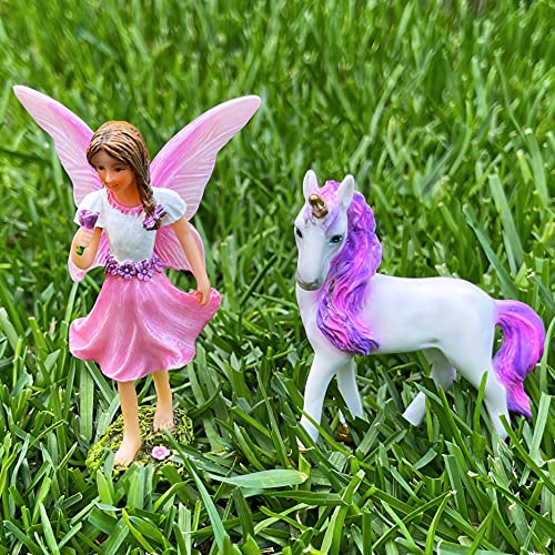 Mood Lab Fairy Garden - Fairy with Unicorn Set of 2 pcs - Miniature Figurines Statue Kit - Outdoor or House Decor