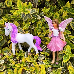 Mood Lab Fairy Garden - Fairy with Unicorn Set of 2 pcs - Miniature Figurines Statue Kit - Outdoor or House Decor