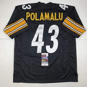 autographed/signed troy polamalu pittsburgh black football jersey jsa coa