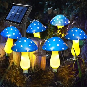 abkshine 6-pack blue solar garden lights, solar powered mushroom stake lights for outdoor yard decor, waterproof garden ornaments for backyard lawn deck landscape fence christmas halloween decorations