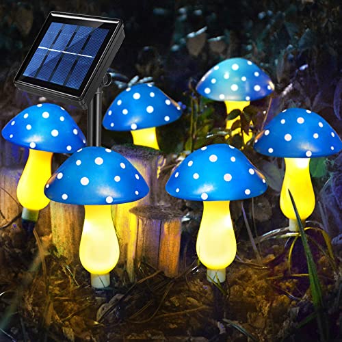 Abkshine 6-Pack Blue Solar Garden Lights, Solar Powered Mushroom Stake Lights for Outdoor Yard Decor, Waterproof Garden Ornaments for Backyard Lawn Deck Landscape Fence Christmas Halloween Decorations