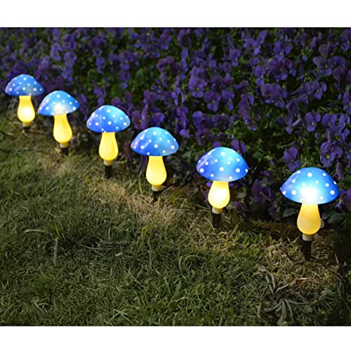 Abkshine 6-Pack Blue Solar Garden Lights, Solar Powered Mushroom Stake Lights for Outdoor Yard Decor, Waterproof Garden Ornaments for Backyard Lawn Deck Landscape Fence Christmas Halloween Decorations