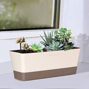 GROWNEER 3 Packs 12 Inches Window Boxes Rectangle Planter with 15 Pcs Plant Labels, Plastic Flower Pots Plant Containers with Saucer for Windowsill Garden Balcony Home Office Indoor Outdoor (Beige)