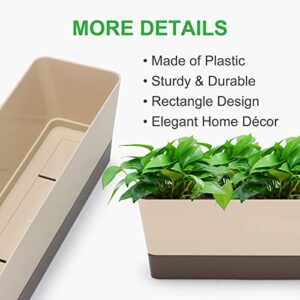 GROWNEER 3 Packs 12 Inches Window Boxes Rectangle Planter with 15 Pcs Plant Labels, Plastic Flower Pots Plant Containers with Saucer for Windowsill Garden Balcony Home Office Indoor Outdoor (Beige)