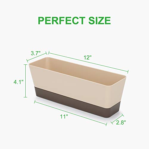 GROWNEER 3 Packs 12 Inches Window Boxes Rectangle Planter with 15 Pcs Plant Labels, Plastic Flower Pots Plant Containers with Saucer for Windowsill Garden Balcony Home Office Indoor Outdoor (Beige)