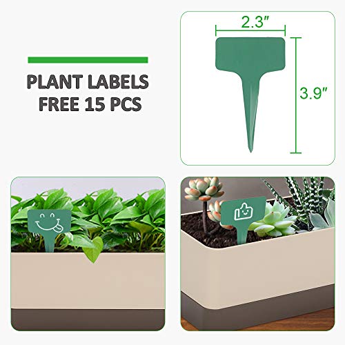 GROWNEER 3 Packs 12 Inches Window Boxes Rectangle Planter with 15 Pcs Plant Labels, Plastic Flower Pots Plant Containers with Saucer for Windowsill Garden Balcony Home Office Indoor Outdoor (Beige)