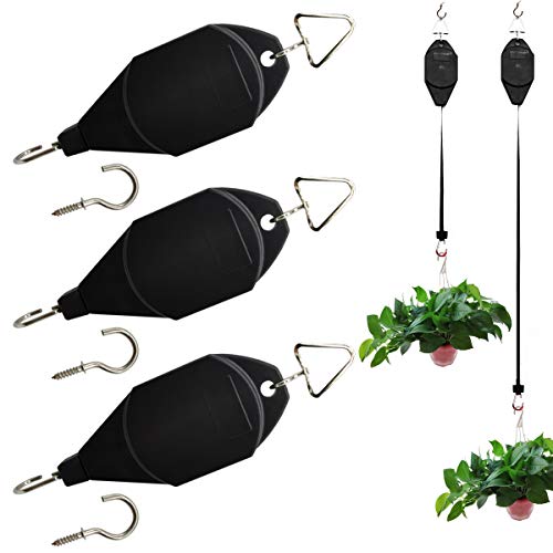 RONYOUNG 3 Pack Plant Pulley Hanger, Retractable Plant Hook Pulley, Adjustable Heavy Duty Plant Hanging Pulleys for Garden Baskets & Bird Feeder with 3 PCS Metal Ceiling Plant Hooks