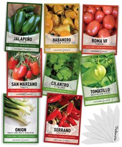 heirloom hot salsa growing seed packets 8 varieties habanero, jalapeno, serrano peppers, roma, san marzano tomato, cilantro, green onion, tomatillo for garden non-gmo heirloom gardeners basics