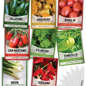 Heirloom Hot Salsa Growing Seed Packets 8 Varieties Habanero, Jalapeno, Serrano Peppers, Roma, San Marzano Tomato, Cilantro, Green Onion, Tomatillo for Garden Non-GMO Heirloom Gardeners Basics