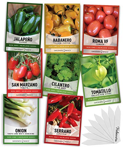 Heirloom Hot Salsa Growing Seed Packets 8 Varieties Habanero, Jalapeno, Serrano Peppers, Roma, San Marzano Tomato, Cilantro, Green Onion, Tomatillo for Garden Non-GMO Heirloom Gardeners Basics