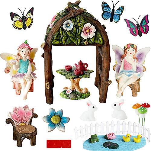 Miniature Fairy Garden Fairies - Fairy Houses Accessories Mini Village Patio Indoor Outdoor Garden Set Kit Decor Flower Succulent Garden for Kids Girl Boy Birthday Gifts Cake Topper Decorations