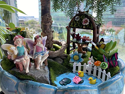 Miniature Fairy Garden Fairies - Fairy Houses Accessories Mini Village Patio Indoor Outdoor Garden Set Kit Decor Flower Succulent Garden for Kids Girl Boy Birthday Gifts Cake Topper Decorations