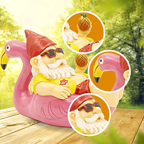 Shefio Garden Decor - Our Garden Gnome Statues are Beautiful Backyard Ideas & Garden Gifts, Perfect Garden Decor for Outside, Lawn Ornament, Yard Décor, Funny Garden Gnomes - Chilling on Flamingo