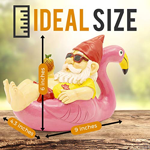 Shefio Garden Decor - Our Garden Gnome Statues are Beautiful Backyard Ideas & Garden Gifts, Perfect Garden Decor for Outside, Lawn Ornament, Yard Décor, Funny Garden Gnomes - Chilling on Flamingo