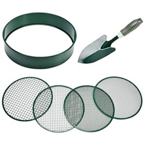 soil sieve garden riddle sieve 12″ diameter, fine mesh soil sieve, potting sieve with 4 interchangeable filter mesh sizes 3,6,9,12mm and shovel