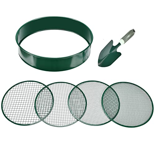 Soil Sieve Garden Riddle Sieve 12" Diameter, Fine Mesh Soil Sieve, Potting Sieve with 4 Interchangeable Filter Mesh Sizes 3,6,9,12mm and Shovel