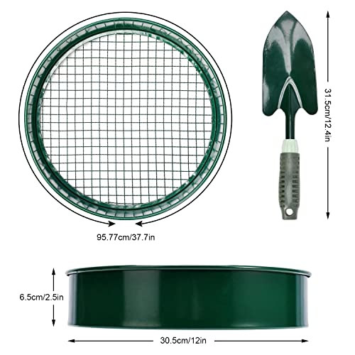 Soil Sieve Garden Riddle Sieve 12" Diameter, Fine Mesh Soil Sieve, Potting Sieve with 4 Interchangeable Filter Mesh Sizes 3,6,9,12mm and Shovel