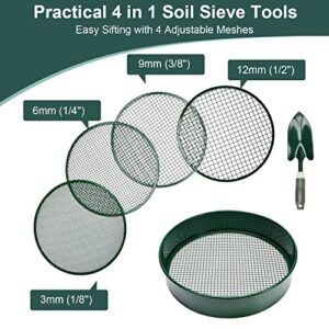 Soil Sieve Garden Riddle Sieve 12" Diameter, Fine Mesh Soil Sieve, Potting Sieve with 4 Interchangeable Filter Mesh Sizes 3,6,9,12mm and Shovel