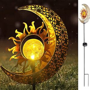 klmnduo garden solar lights pathway outdoor decorative, sun & moon cracked glass globe metal lights solar powered waterproof decorative stakes for lawn,patio or courtyard