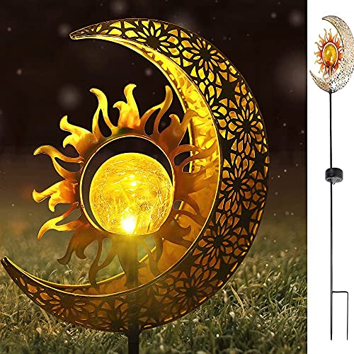 Klmnduo Garden Solar Lights Pathway Outdoor Decorative, Sun & Moon Cracked Glass Globe Metal Lights Solar Powered Waterproof Decorative Stakes for Lawn,Patio or Courtyard