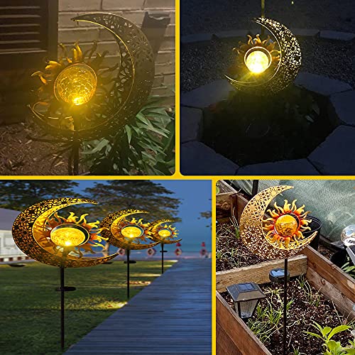 Klmnduo Garden Solar Lights Pathway Outdoor Decorative, Sun & Moon Cracked Glass Globe Metal Lights Solar Powered Waterproof Decorative Stakes for Lawn,Patio or Courtyard