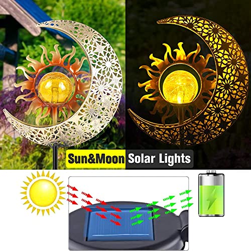 Klmnduo Garden Solar Lights Pathway Outdoor Decorative, Sun & Moon Cracked Glass Globe Metal Lights Solar Powered Waterproof Decorative Stakes for Lawn,Patio or Courtyard