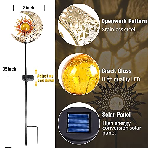 Klmnduo Garden Solar Lights Pathway Outdoor Decorative, Sun & Moon Cracked Glass Globe Metal Lights Solar Powered Waterproof Decorative Stakes for Lawn,Patio or Courtyard