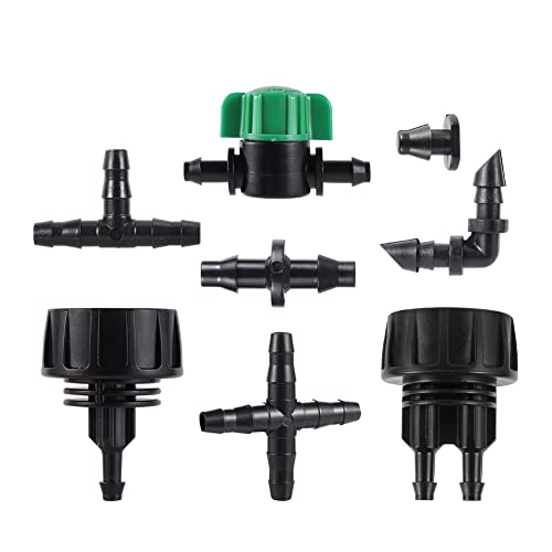 128 Pcs 1/4 Barbed Connectors Irrigation Fittings Kit, 3/4'' to 1/4'' Hose Adapter,Convert 3/4" Female Hose Thread to 2-Way 1/4" Tubing for Repair Drip Irrigation Fittings Misting Cooling System