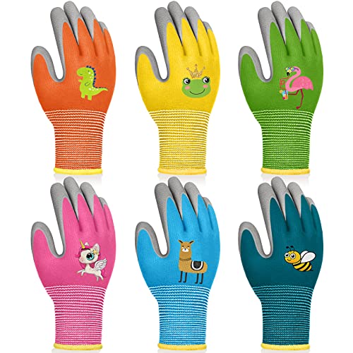 HIYZI 6 Pairs Kids Gardening Gloves Children Yard Work Glove Rubber Coated Protective Gloves for Toddlers Youth Girls Boys Outdoor (Small (Age 3-5))