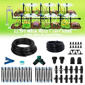 awowz drip irrigation kit, 111.5ft adjustable garden watering system, patio misting plant watering system with 1/4”tubing hose and drip connectors, complete irrigation system for raised garden bed, yard,lawn