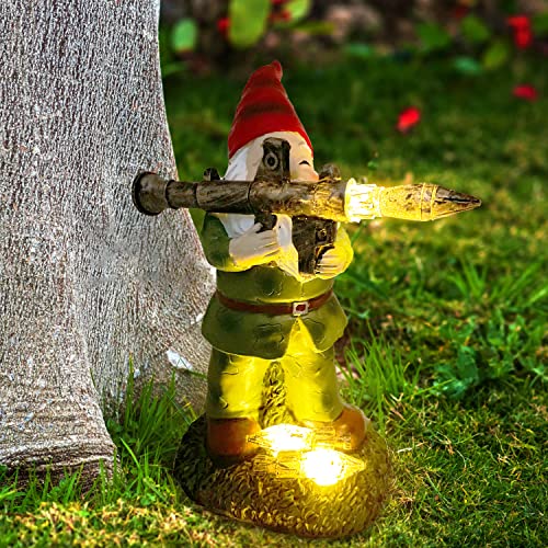 PERFECTOP Solar Military Garden Gnome Statue with RPG, Large War Army Combat Defender Soldier Patriotic Gnome Figurine with Gun, Outdoor Patio Yard Lawn Decor, Thanksgiving Christmas Ornament Gift