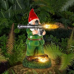 PERFECTOP Solar Military Garden Gnome Statue with RPG, Large War Army Combat Defender Soldier Patriotic Gnome Figurine with Gun, Outdoor Patio Yard Lawn Decor, Thanksgiving Christmas Ornament Gift