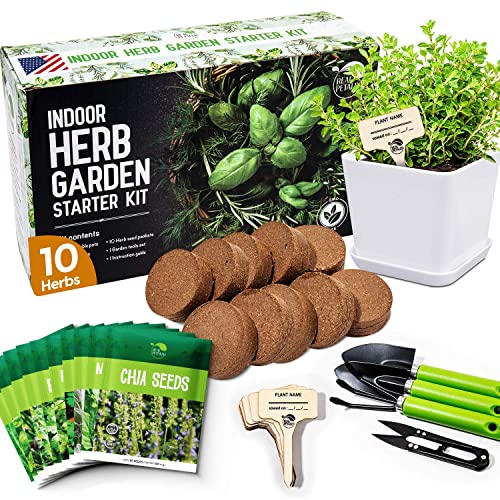 REALPETALED Indoor Herb Garden 10 Non-GMO Herbs– Complete Kitchen Herb Garden with 10 Reusable Pots, Drip Trays, Soil Discs and Seed Packets