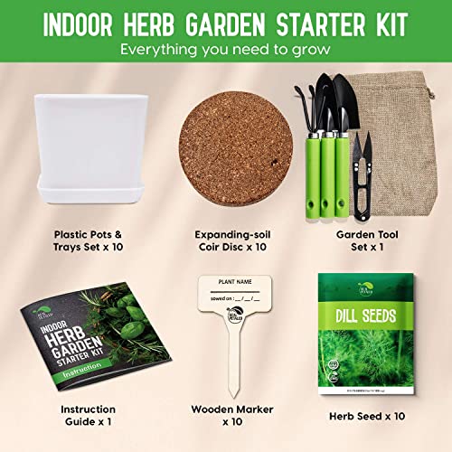 REALPETALED Indoor Herb Garden 10 Non-GMO Herbs– Complete Kitchen Herb Garden with 10 Reusable Pots, Drip Trays, Soil Discs and Seed Packets