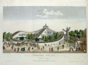 promenades aeriennes, jardin baujon. honoré de la présence de sa majesté, le 2 août 1817 [the aerial walk-ways, baujon garden, honoured by the presence of his majesty, august 2, 1817]