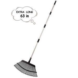 63” garden leaf rake 38”-63”adjustable garden rake,25 tines, metal rake for quick clean up of lawn and yard