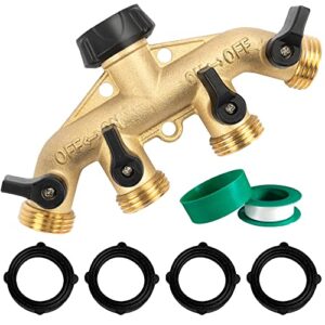 hourleey brass 4 way heavy duty garden hose splitter, water hose splitter for 3/4″ hose connector, hose faucet splitter hose spigot adapter 4 valves with 4 rubber washers & tape