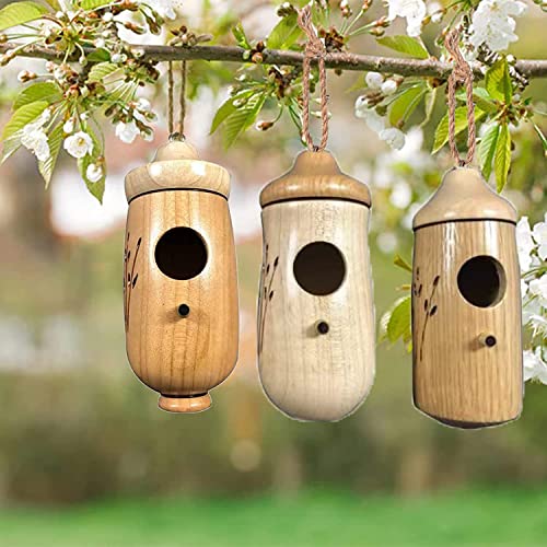 3Pcs Hummingbird House, Wooden Hummingbird House for Outside Hanging, Cute Humming Bird Nest with Hemp Ropes, Hanging Bird Houses for Outdoor Garden Home Decor, Nesting Birdhouse Nature Lovers Gift(B)