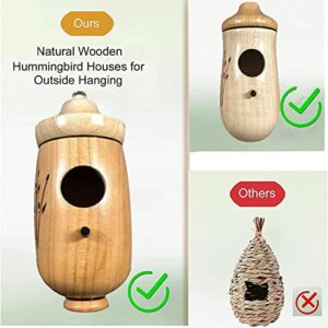 3Pcs Hummingbird House, Wooden Hummingbird House for Outside Hanging, Cute Humming Bird Nest with Hemp Ropes, Hanging Bird Houses for Outdoor Garden Home Decor, Nesting Birdhouse Nature Lovers Gift(B)