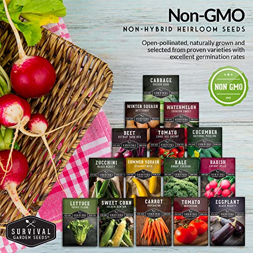 Survival Garden Seeds Vegetable Garden Collection Seed Vault - Non-GMO Heirloom Family Garden Seeds for Planting - Non-Hybrid Varieties - Mix of Vegetable Seed Packets - 15 Varieties of Vegetables