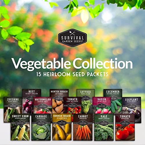 Survival Garden Seeds Vegetable Garden Collection Seed Vault - Non-GMO Heirloom Family Garden Seeds for Planting - Non-Hybrid Varieties - Mix of Vegetable Seed Packets - 15 Varieties of Vegetables