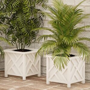 Pure Garden Lattice Design Planter Box 2-Pack – 14.75-Inch Decorative Outdoor Flower or Plant Pots – Front Porch, Patio, and Garden Decor (White)