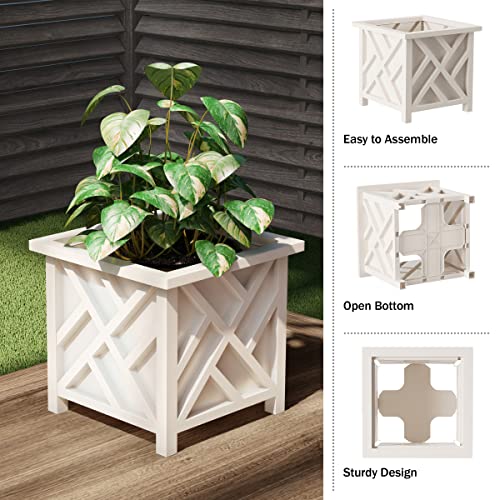 Pure Garden Lattice Design Planter Box 2-Pack – 14.75-Inch Decorative Outdoor Flower or Plant Pots – Front Porch, Patio, and Garden Decor (White)