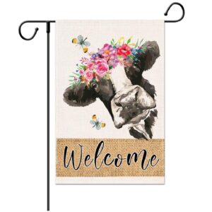 lhsion spring cow garden flag 12.5 x 18 inch welcome floral decorative double sided burlap flag for spring summer farmhouse yard seasonal decor