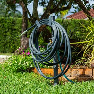 Aqua Joe SJ-SHSBB-GRY Steel Garden Hose Stand with Solid Brass Faucet, w/Quick Install Anchor Base