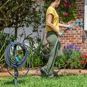 Aqua Joe SJ-SHSBB-GRY Steel Garden Hose Stand with Solid Brass Faucet, w/Quick Install Anchor Base