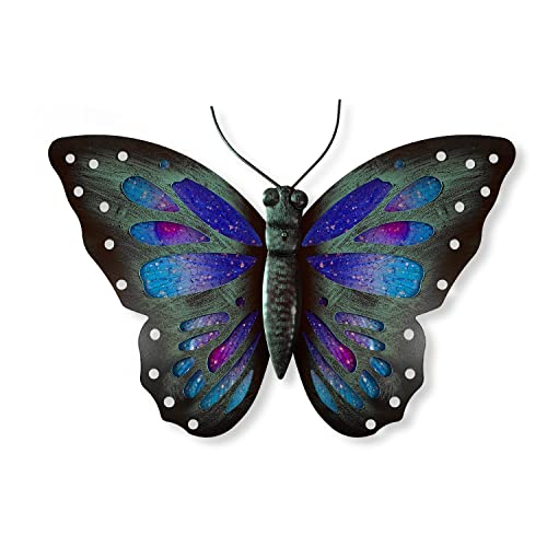 LIFFY Metal Butterfly Wall Decor 15inch Blue Butterfly Outdoor Art Hanging Glass Wall Decorations for Garden Fence Patio