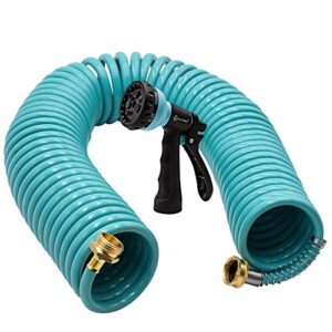 automan-garden-water-hose-recoil,50 feet eva curly water hose with brass connectors,watering hose coil,includes 7-pattern function sprayer,retractable,corrosion resistant garden coil hose.